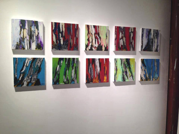 ORIGINAL red painting of tree trunks modern abstract wall art: Shoa Gallery